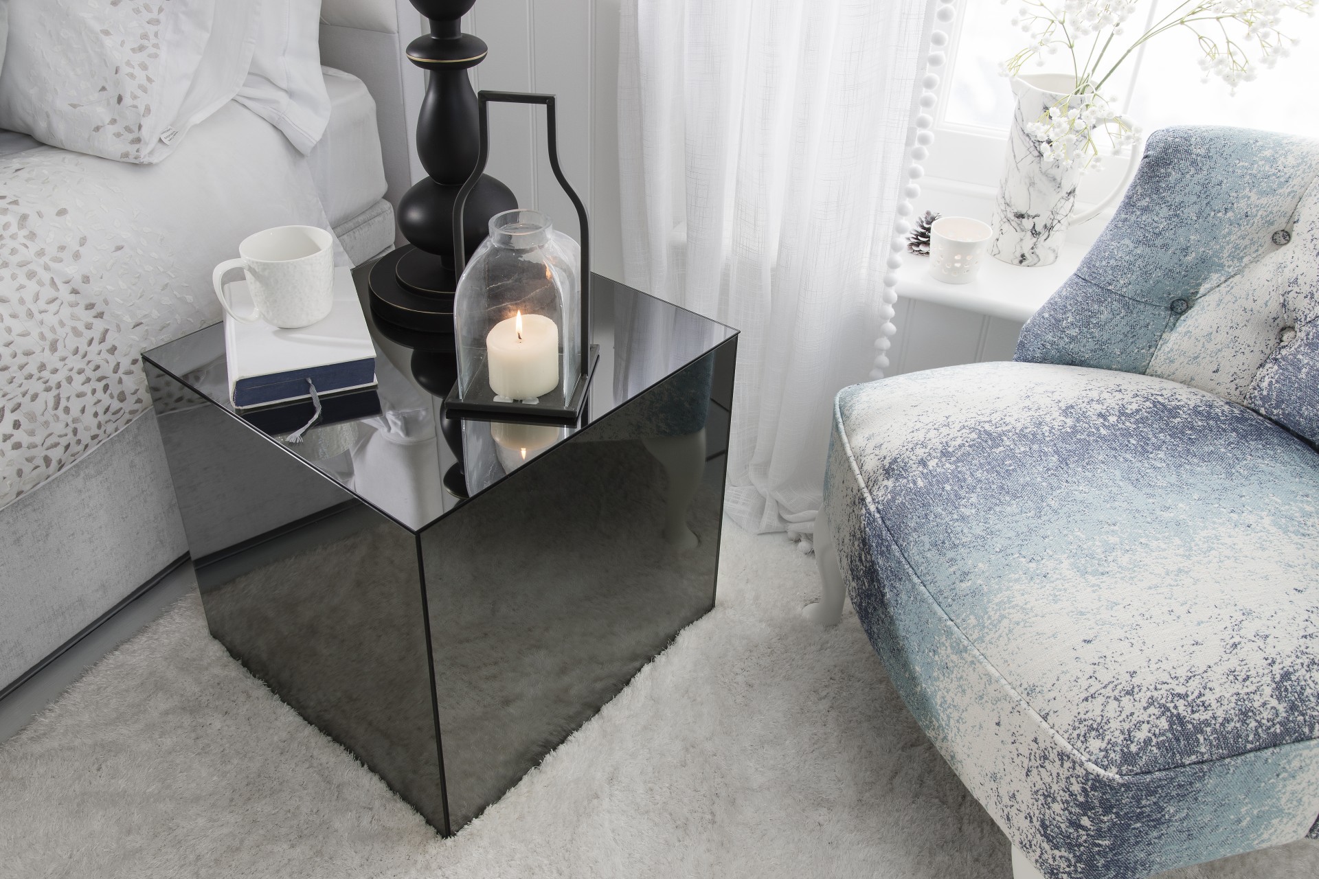 Holcombe | Small Silver Mirrored Table | Mirrored Bedside Table